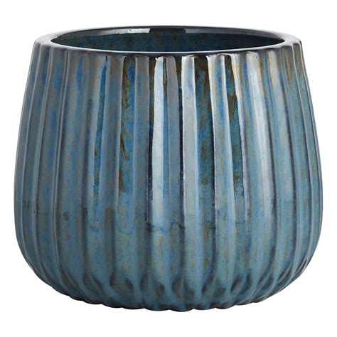 Blue Ribbed Round Outdoor Clay Planter Medium At Home
