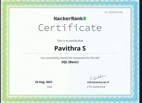 Successfully Cleared The Assessment For Sql Basic In Hackerrank