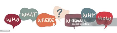 벡터는 텍스트와 함께 다채로운 음성 거품을 격리 누가 언제 왜 어떻게 물음표 분석 및 다양한 질문을 해결합니다 문제 해결 또는