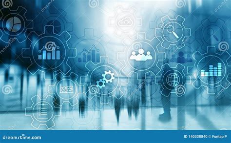Business Process Abstract Diagram With Gears And Icons Workflow And