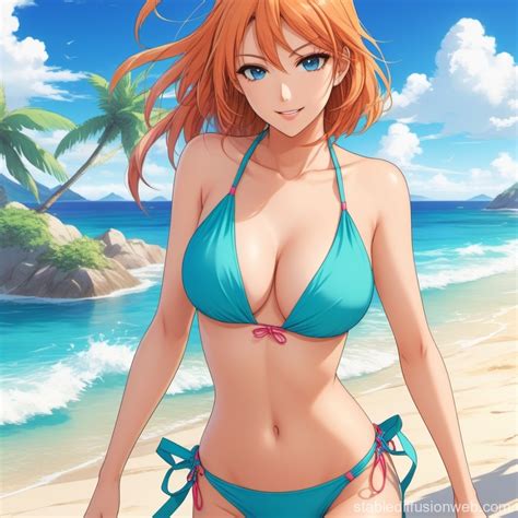 Woman In Bikini Strolling On Beach With Large Breasts Stable Diffusion Online