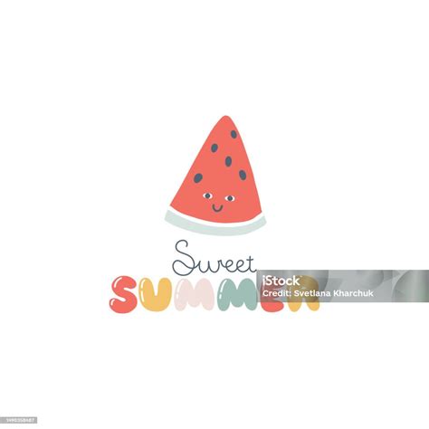 웃는 얼굴에 재미있는 비문이 새겨진 삼각형 수박 캐릭터 달콤한 여름 단순하고 순진한 스타일의 손으로 그린 만화 낙서 아이들을 위한 벡터 삽화 흰색 배경에 귀여운 과일 분리