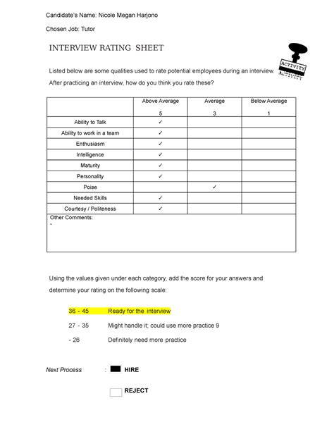 Interview Rating Sheet Candidates Name Nicole Megan Harjono Chosen Job Tutor Interview