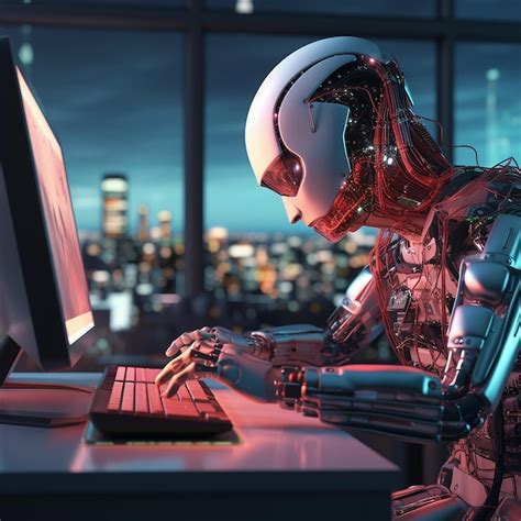 Closeup On Anthropomorphic Robot Working On Computer Premium Ai Generated Image Closeup On Anthropomorphic Robot Working On Computer Premium Ai Generated Image