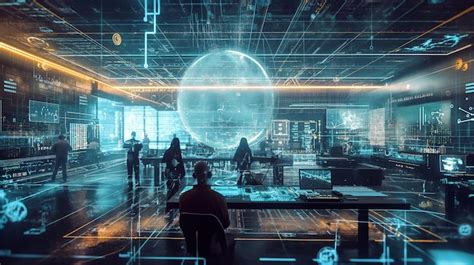 Premium Photo Futuristic Command Center With Holographic Displays