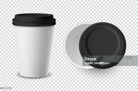 벡터 3d 현실적인 일회용 열고 뚜껑 종이로 닫힘 음료 아이콘에 대한 플라스틱 커피 컵 은 투명 한 배경에 격리 닫힙니다 디자인 템플릿 모형 상단 및 전면 뷰 뚜껑에 대한