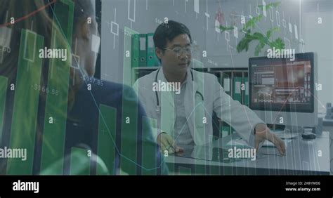 Image Of Multiple Graphs With Numbers Over Diverse Doctor Discussing X