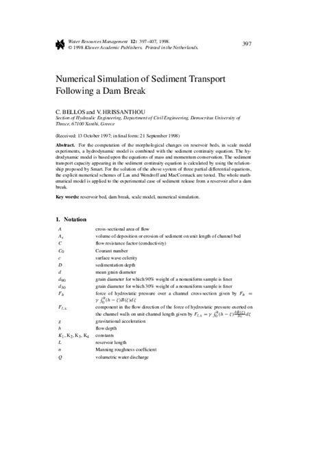 Pdf Numerical Simulation Of Sediment Transport Following A Dam Break