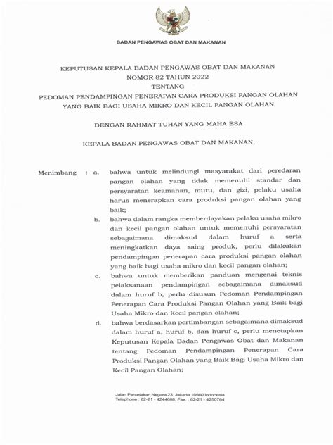 Keputusan Kepala Bpom Nomor 82 Tahun 2022 Tentang Pedoman Pendampingan Cppob Bagi Umk Pangan