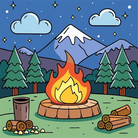 A Cartoon Drawing Of A Fire Pit With Mountains In The Background