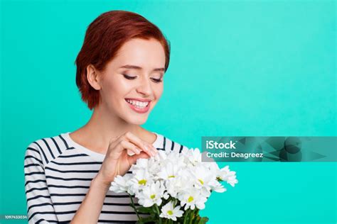 그녀 손에 청록색 배경에 고립 된 흰색 줄무늬 스웨터를 입고 생일 소원을 만드는 카모마일 무리와 함께 그녀의 여자 아름 다운 매력적인 여우의 초상화를 닫습니다 꽃 식물에