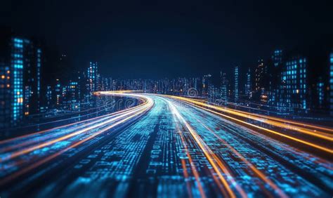 Futuristic Cityscape With Glowing Data Streams And Light Trails At Night Stock Image Image Of