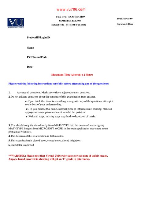 Mth101 Final Term 1 Mth Notes W Ww Vu786 Final Term