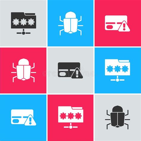 Set Folder With Password System Bug And Credit Card Icon Vector Stock