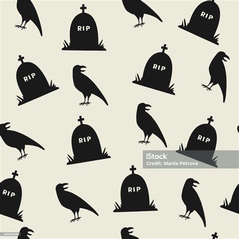 묘비와 까마귀 원활한 패턴입니다 할로윈 속성 회색 배경에 검은색 손으로 그린 요소들 벡터 그림 검은색에 대한 스톡 벡터 아트 및 기타 이미지 Istock