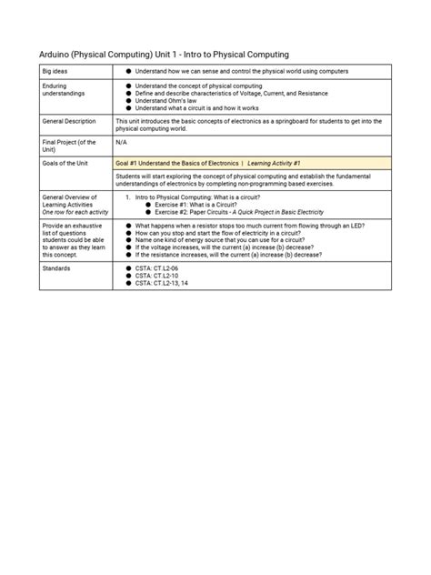 Arduino Physical Computing Unit 1 Intro To Physical Computing Pdf