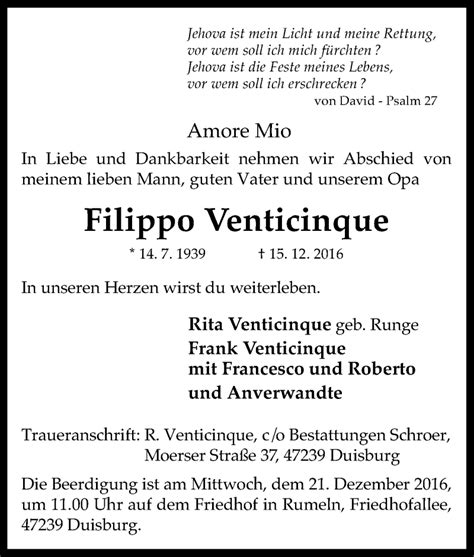 Traueranzeigen Von Filippo Venticinque Trauer In Nrw De