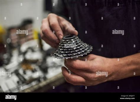 Hands Of An Unrecognizable Bicycle Technician Holding A Cassette From A