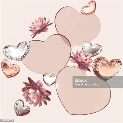 팽창식 하트 모양의 호일 풍선 추상화 꽃 하트 모양의 유리 패널이 밝은 배경에 공중에 떠 있습니다 발렌타인 데이 소셜 미디어에 대한 템플릿 공간을 복사합니다 3d 렌더링 0
