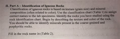 Solved II Part A Identification Of Igneous Rocks Chegg