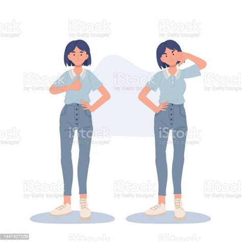 캐주얼 옷을 입은 여자는 엄지손가락을 위로 올리고 엄지손가락을 아래로 내립니다 부정적인 감정 평면 벡터 만화 캐릭터 그림 격노한에 대한 스톡 벡터 아트 및 기타 이미지