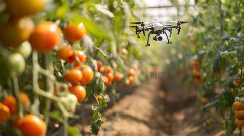 A Drone Flying Low Over A Tomato Field Using Technology For Precision