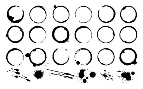커피 컵 얼룩 어두운 커피 유출 프레임 추상 차 머그잔 서클 마크입니다 튀는 물방울 반점 지저분한 커피 음료 반지 검은 둥근 그런 지 스탬프 벡터 세트 0명에 대한 스톡