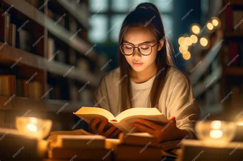 Premium Ai Image Photo Of Cute Geeky Nerdy Girl Reading A Book In Library In Tokyo Wearing