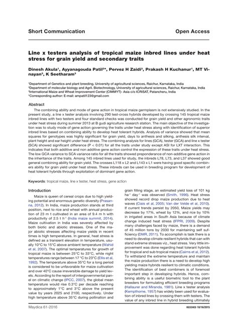 Pdf Line X Testers Analysis Of Tropical Maize Inbred Lines Under Heat