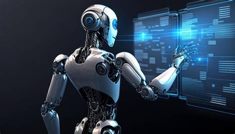 Premium Photo Cyborg Robot Standing Back Tapping The Screen With His