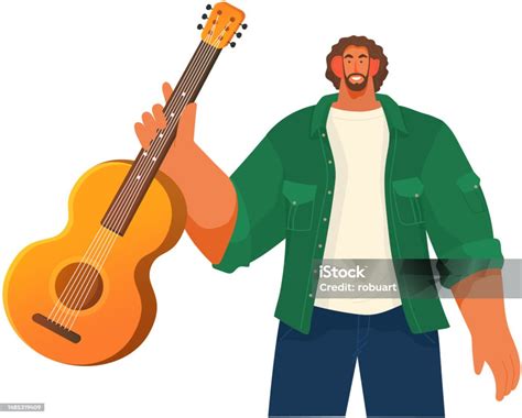 어쿠스틱 기타 악기를 연주하는 남성 스트리트 기타리스트 캐릭터 라이브 공연 만화 스타일 Performing Arts Event에