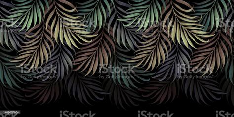 열대 이음새가 없는 국경 어두운 배경에 이국적인 다채롭고 녹색 야자수 잎 매력적인 패턴 손으로 그린 3d 그림 어두운 꽃 단풍 정글 고급 벽지 천 벽화 직물 입체 이미지에