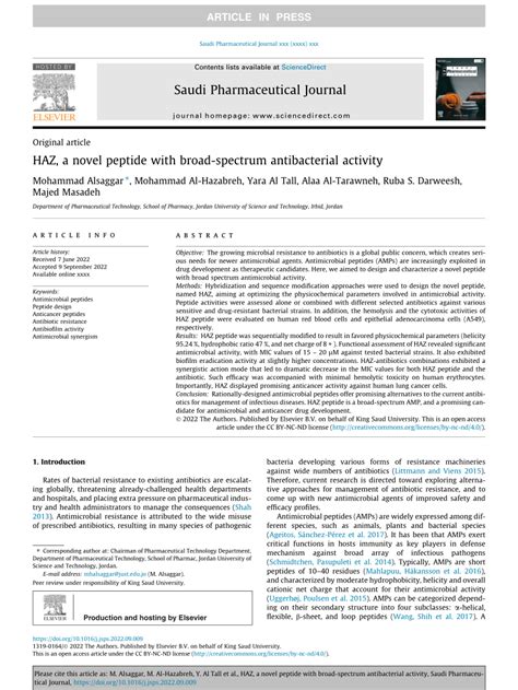Pdf Haz A Novel Peptide With Broad Spectrum Antibacterial Activity