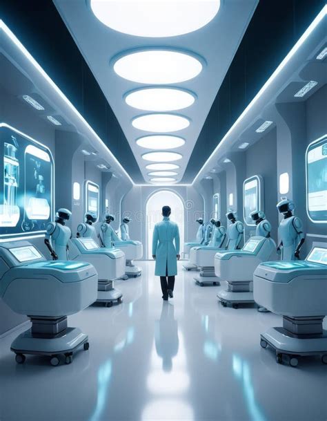 Futuristic Lab With Robots And Scientist In White Coat Stock