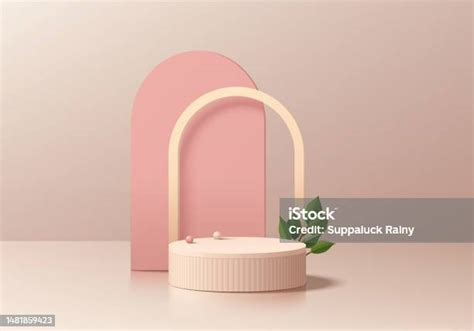 현실적인 분홍색과 베이지색 현실적인 실린더 받침대가 있는 3d 배경 파스텔 최소 벽 장면 모형 제품 디스플레이 추상 기하학적 플랫폼 쇼케이스를 위한 무대 3d 벡터 렌더링