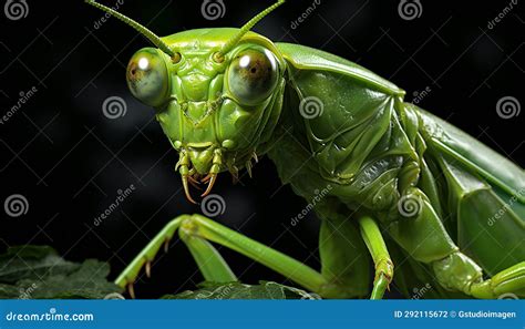 close up of a green locust head with sharp horned antenna generated by