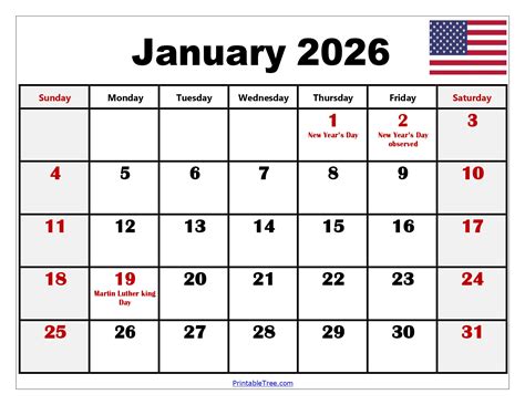 2026 Holiday Calendar Usa Printable Flag