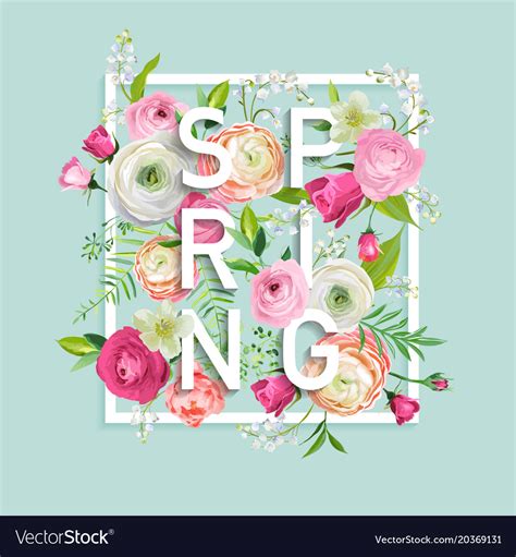 Hello Spring Floral Design With Blooming Flowers Vector Image