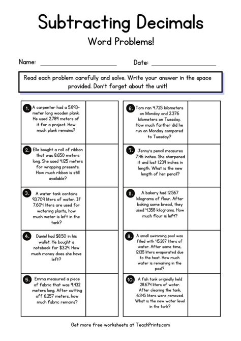 Free Subtracting Decimals Worksheets Teach Prints