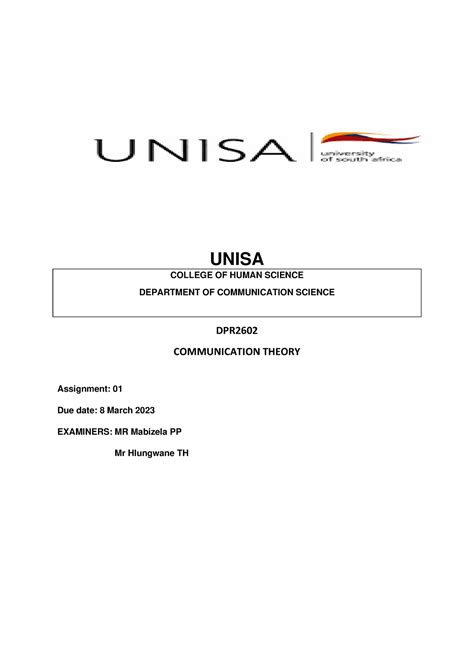 DPR 2602 Assignment 1 2023 UNISA COLLEGE OF HUMAN SCIENCE DEPARTMENT OF COMMUNICATION SCIENCE