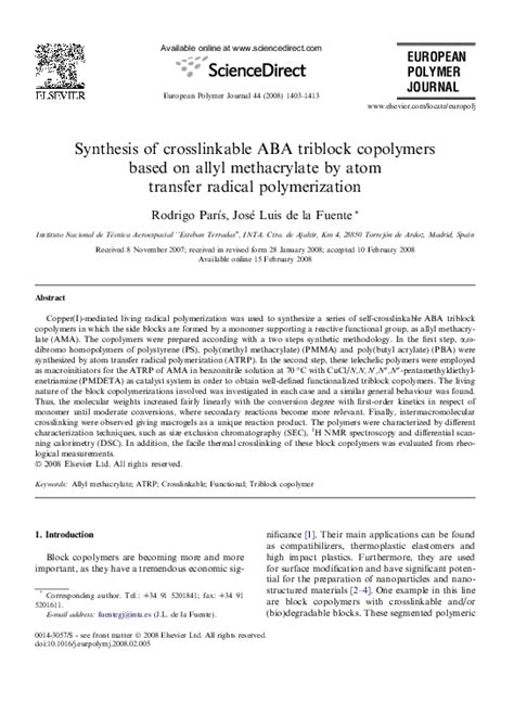 Pdf Synthesis Of Crosslinkable Aba Triblock Copolymers Based On Allyl