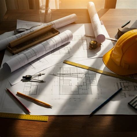 Ai Generated Image Architectural Blueprints And Tools On Wooden Table Stock Illustration