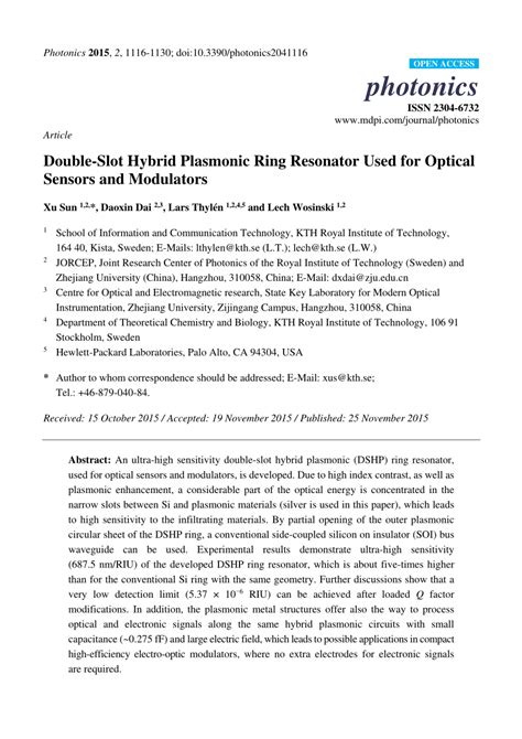 Pdf Double Slot Hybrid Plasmonic Ring Resonator Used For Optical