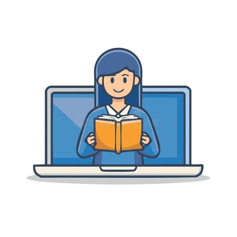 Cartoon Girl Reading Book On Laptop Screen Online Education Concept