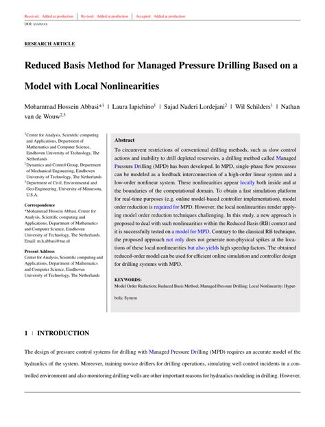 Pdf Reduced Basis Method For Managed Pressure Drilling Based On A Model With Local Nonlinearities