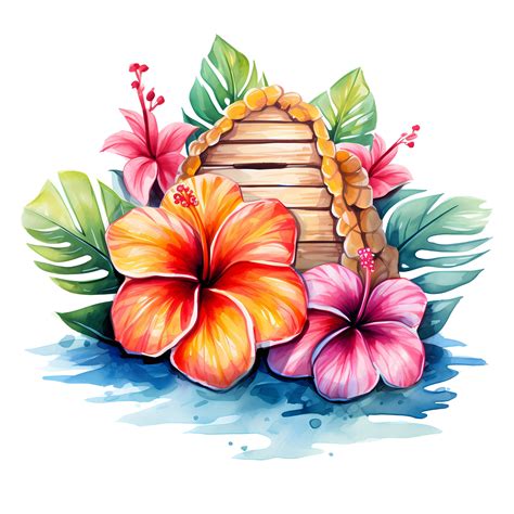 Hawaiian Flowers Watercolor Drawing Clipart Bundle Tropical Paradise
