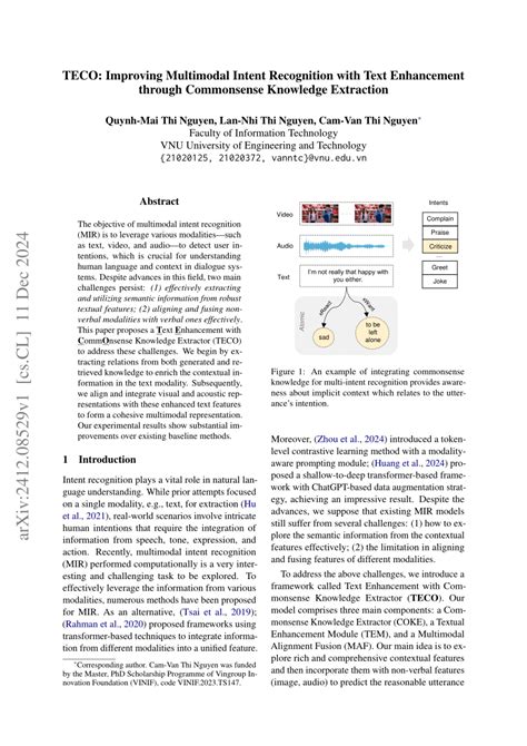 Pdf Teco Improving Multimodal Intent Recognition With Text Enhancement Through Commonsense