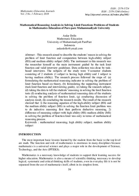 Pdf Mathematical Reasoning Analysis In Solving Limit Functions