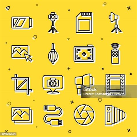 라인 사진 카메라 카메라 롤 카트리지 리모컨 Sd 카드 먼지 송풍기 리터칭 배터리 및 아이콘을 설정합니다 벡터 Usb 케이블에 대한 스톡 벡터 아트 및 기타 이미지 Istock