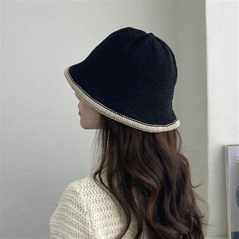 지사 라인 배색 니트 숏챙 봄 여름 여자 모자 와이어 벙거지 버킷햇